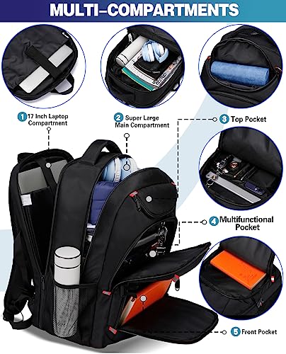 VANKEV Travel Backpack, Extra Large Laptop Backpack for Women Men，School College Business Work Bookbag Anti Theft TSA Approved Computer Bag Fits 17 Inch Laptop with USB Charging Port(Black)