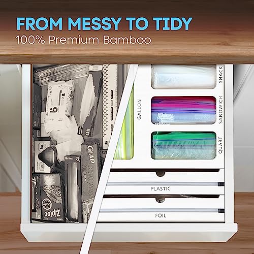 PastelAE Plastic Wrap Dispenser with Cutter & Ziplock Bag organizer,6 IN 1 Bamboo Foil & Plastic Wrap Organizer for Kitchen Drawer,Kitchen Organizers and storage for Gallon,Quart,Sandwich,Snack(White)