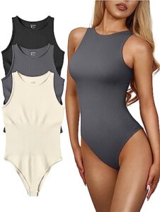 oqq women's 3 piece sexy ribbed one sleeveless halter neck bodysuit, black darkgrey beige, large