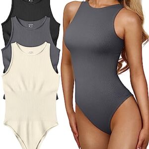 OQQ Women's 3 Piece Sexy Ribbed One Sleeveless Halter Neck BodySuit, Black Darkgrey Beige, Large