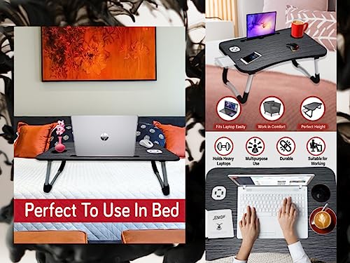 Laptop Table Bed Desk Tray Upgraded with USB Ports, Pad & Cup Holder, Drawer - for Bed/Sofa/Couch/Floor/Work/Study/Reading/Writing/Drawing/Homework - Foldable & Portable Breakfast Table Lap Desk