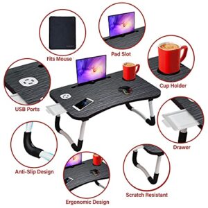 Laptop Table Bed Desk Tray Upgraded with USB Ports, Pad & Cup Holder, Drawer - for Bed/Sofa/Couch/Floor/Work/Study/Reading/Writing/Drawing/Homework - Foldable & Portable Breakfast Table Lap Desk