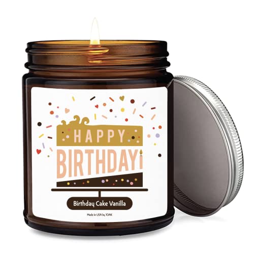 1OAK Happy Birthday Candle - Birthday Cake Candle - Birthday Candles for Women - Happy Birthday Gifts for Women - Happy Birthday Candles Gifts for Women - Bday Gift for Women - Amber Glass Jar 9oz