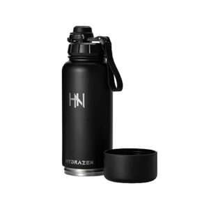 Hydrazen Black Sports Water Bottle With Storage -32 Oz, 3 Lids (Straw Lid, Locking Lid), Cleaning Brushes, Double Walled, Vacuum Insulated Stainless Steel, Thermos, Leak Proof, Flask Water bottles