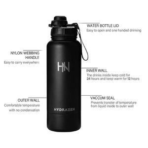 Hydrazen Black Sports Water Bottle With Storage -32 Oz, 3 Lids (Straw Lid, Locking Lid), Cleaning Brushes, Double Walled, Vacuum Insulated Stainless Steel, Thermos, Leak Proof, Flask Water bottles