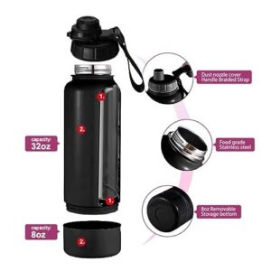 Hydrazen Black Sports Water Bottle With Storage -32 Oz, 3 Lids (Straw Lid, Locking Lid), Cleaning Brushes, Double Walled, Vacuum Insulated Stainless Steel, Thermos, Leak Proof, Flask Water bottles