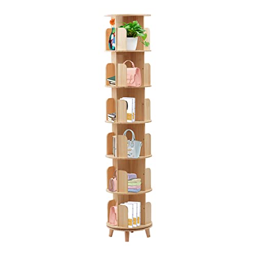 6 Tier Rotating Bookshelves, 360 Display Floor Standing Bookcase,Vertical Book Storage Rack,Wood Multi-Functional Bookshelf Organizer