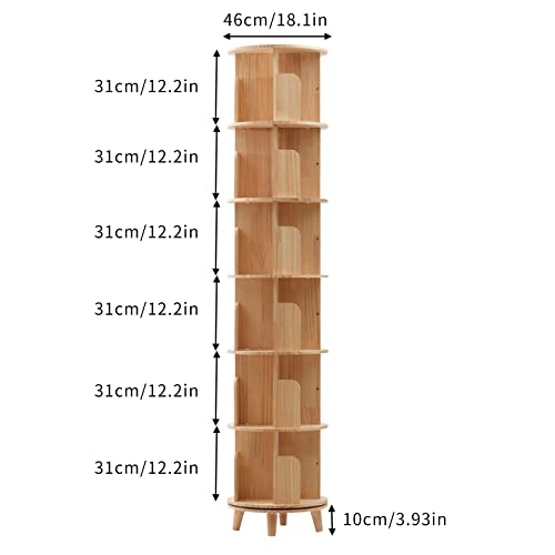 6 Tier Rotating Bookshelves, 360 Display Floor Standing Bookcase,Vertical Book Storage Rack,Wood Multi-Functional Bookshelf Organizer