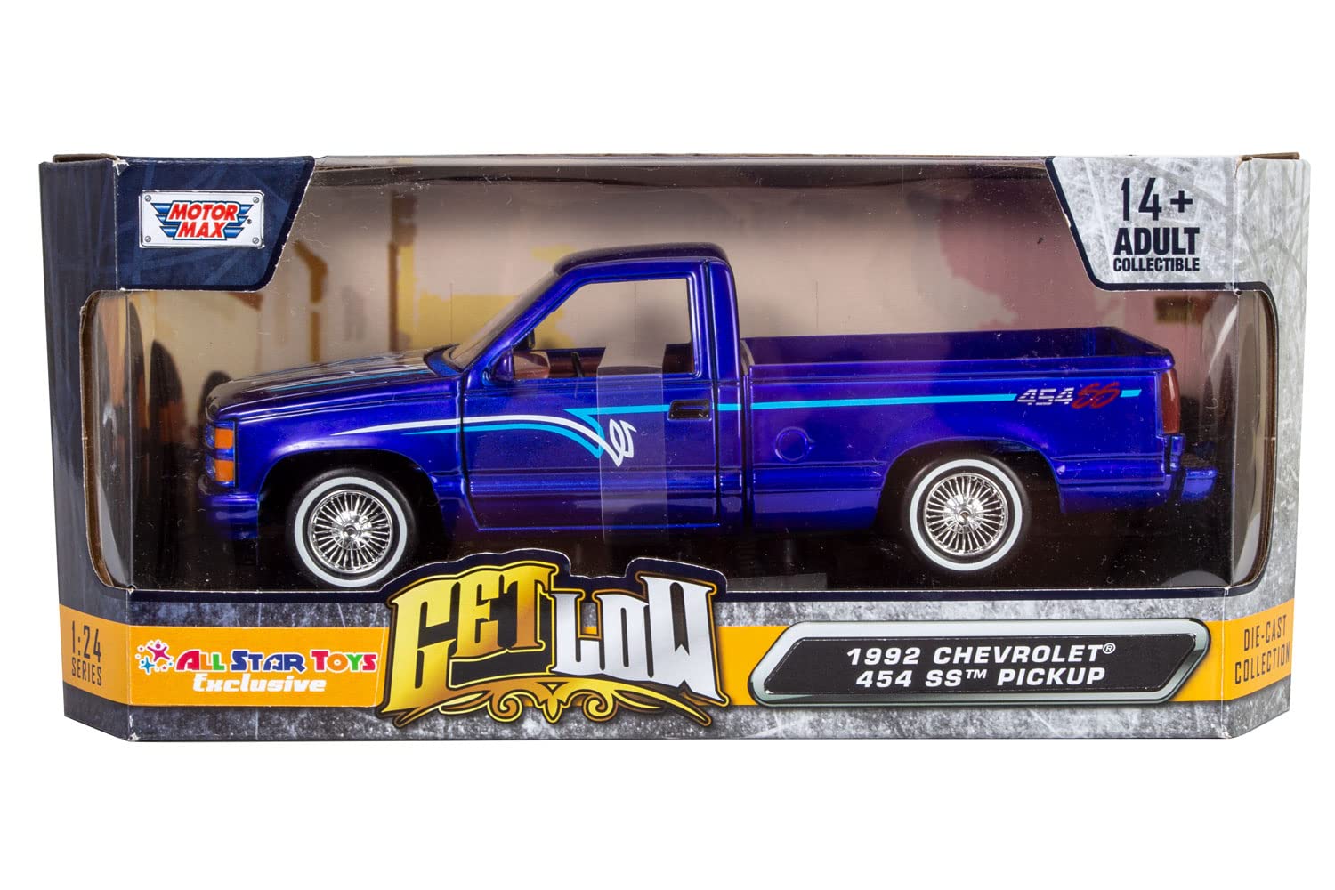 All Star Toys Motormax 1992 Chevy 454SS Pickup Lowrider Truck Candy Blue 1/24 Diecast Model Exclusive Get Low 79036