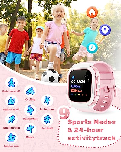 Cloudpoem Smart Watch for Kids Girls Boys, Kids Watch Fitness Tracker Watch with Pedometer Heart Rate Monitor Sleep Tracker Alarm Clocks Puzzle Games Calculator IP68 Waterproof, Kids Gift Pink