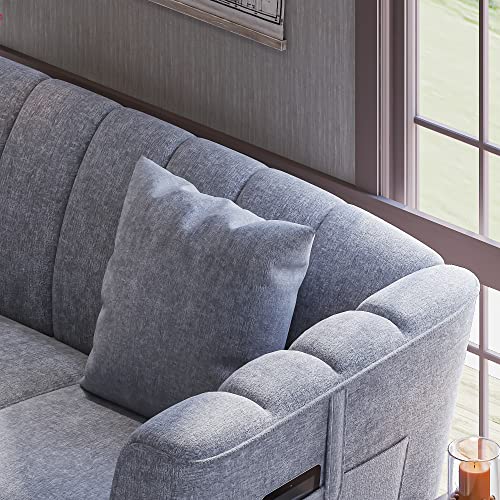 HOSTACK Modern Chenille Sofa, 77" Upholstered Couch with 2 Bolster Pillows and Armrest Bags, 3-Seat Sofa for Living Room, Bedroom, Office, Apartment, Dorm, Gray