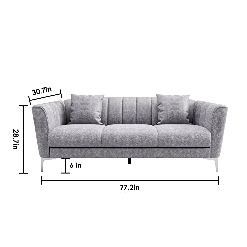 HOSTACK Modern Chenille Sofa, 77" Upholstered Couch with 2 Bolster Pillows and Armrest Bags, 3-Seat Sofa for Living Room, Bedroom, Office, Apartment, Dorm, Gray