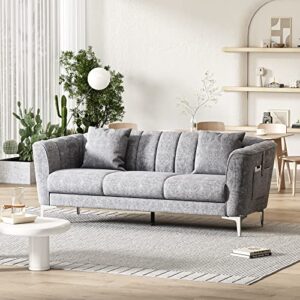 HOSTACK Modern Chenille Sofa, 77" Upholstered Couch with 2 Bolster Pillows and Armrest Bags, 3-Seat Sofa for Living Room, Bedroom, Office, Apartment, Dorm, Gray