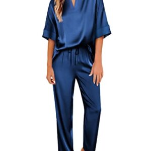 Ekouaer Women's Satin Pajamas Set Soft Short Sleeve Loungewear Two Piece Silky Long Pant Pjs Set Navy Blue