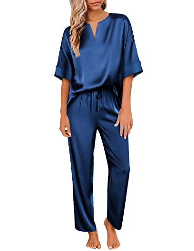 Ekouaer Women's Satin Pajamas Set Soft Short Sleeve Loungewear Two Piece Silky Long Pant Pjs Set Navy Blue