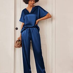 Ekouaer Women's Satin Pajamas Set Soft Short Sleeve Loungewear Two Piece Silky Long Pant Pjs Set Navy Blue