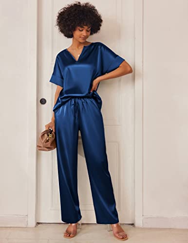 Ekouaer Women's Satin Pajamas Set Soft Short Sleeve Loungewear Two Piece Silky Long Pant Pjs Set Navy Blue