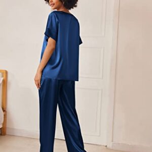 Ekouaer Women's Satin Pajamas Set Soft Short Sleeve Loungewear Two Piece Silky Long Pant Pjs Set Navy Blue