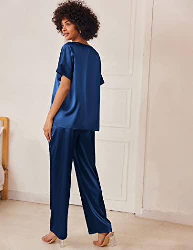 Ekouaer Women's Satin Pajamas Set Soft Short Sleeve Loungewear Two Piece Silky Long Pant Pjs Set Navy Blue