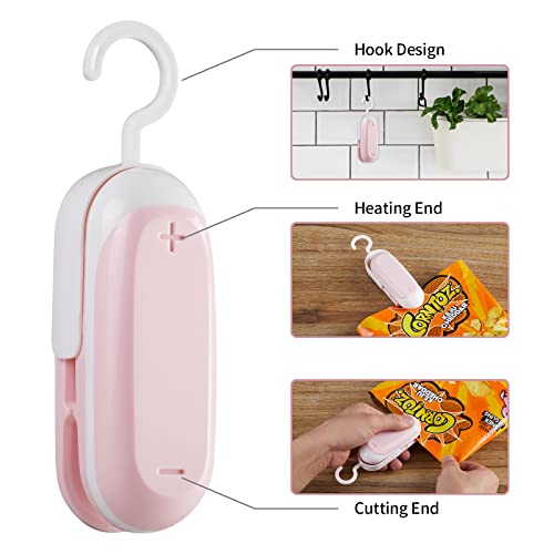 MVNIHEK 2 In 1 Mini Bag Sealer, Portable Heat Sealer and Cutter with Hook,Bag Sealer Mini Sealing Machine Kitchen Gadget for Plastic Bags Food Chip Storage (Pink)