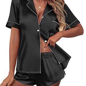 Ekouaer Womens Satin Silk Short Sleeve Button Down Top and Shorts Sleepwear Pajamas Set Black Small