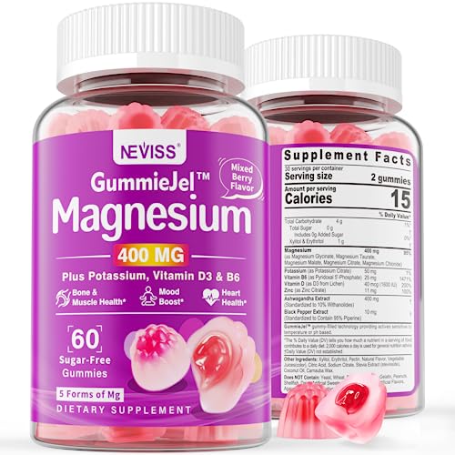 Sugar-Free Magnesium Filled Gummies 400mg - 5 Highly-Absorbable Forms (Mg Glycinate, Taurate, Malate & More) - w/Potassium, Zinc, Vitamin D3 & B6 25mg - Supports Muscles, Bones, Mood & Energy, 60Cts