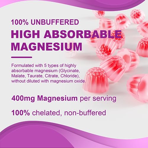 Sugar-Free Magnesium Filled Gummies 400mg - 5 Highly-Absorbable Forms (Mg Glycinate, Taurate, Malate & More) - w/Potassium, Zinc, Vitamin D3 & B6 25mg - Supports Muscles, Bones, Mood & Energy, 60Cts