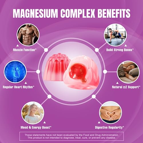 Sugar-Free Magnesium Filled Gummies 400mg - 5 Highly-Absorbable Forms (Mg Glycinate, Taurate, Malate & More) - w/Potassium, Zinc, Vitamin D3 & B6 25mg - Supports Muscles, Bones, Mood & Energy, 60Cts