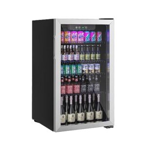 erivess compact freestanding beverage refrigerator,126 can mini fridge with glass front door for soda, beer, or wine, under counter drink dispenser with adjustable shelves and digital display