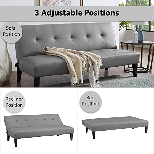 Naomi Home Tufted Futon Sofa Bed, Faux Leather Futon Couch, Modern Convertible Folding Sofa Bed Couch with Wooden Legs, Reclining Small Couch Bed, Durable and Sturdy Futon, Gray