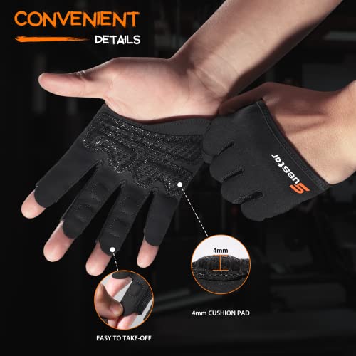 SueStar Partial Weight Lifting Gloves, 3/4 Finger Workout Gloves for Men Women, Full Palm Protection & Silicone Grip Gym Gloves for Weightlifting Exercise Fitness Smartwatch Friendly (Black, Small)