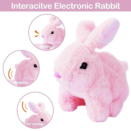 Hopping Bunny Toys for Kids Interactive Electronic Pet Plush with Sounds and Movements - Walking, Barking, Tail Wagging, Stretching Companion Animal Dog Toys Gifts for Girls Toddlers(Pink, 7in)