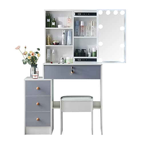 Vanity Desk with Mirror and Lights, Push-Pull Mirror, Makeup Vanity with 4 Drawers, White and Blue Dressing Table for Girls, Makeup Vanity Desk with 3 Light Color Modes