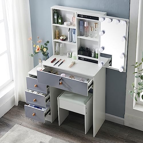 Vanity Desk with Mirror and Lights, Push-Pull Mirror, Makeup Vanity with 4 Drawers, White and Blue Dressing Table for Girls, Makeup Vanity Desk with 3 Light Color Modes