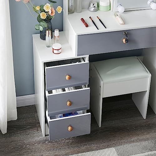 Vanity Desk with Mirror and Lights, Push-Pull Mirror, Makeup Vanity with 4 Drawers, White and Blue Dressing Table for Girls, Makeup Vanity Desk with 3 Light Color Modes