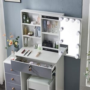 Vanity Desk with Mirror and Lights, Push-Pull Mirror, Makeup Vanity with 4 Drawers, White and Blue Dressing Table for Girls, Makeup Vanity Desk with 3 Light Color Modes