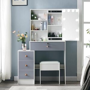 Vanity Desk with Mirror and Lights, Push-Pull Mirror, Makeup Vanity with 4 Drawers, White and Blue Dressing Table for Girls, Makeup Vanity Desk with 3 Light Color Modes