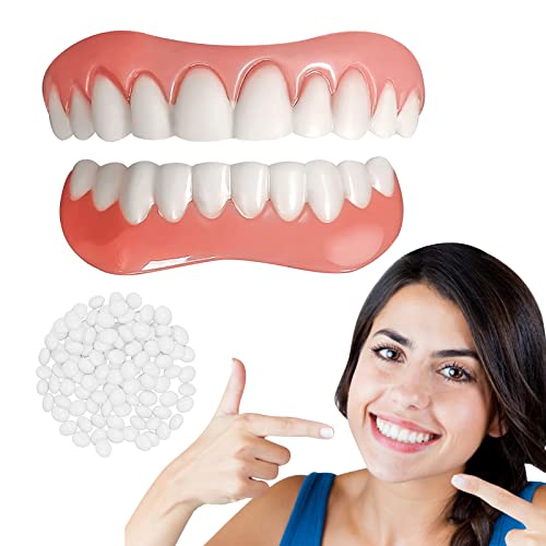 Fake Teeth, 2 PCS Veneers Dentures Socket for Women and Men, Dental Veneers for Temporary Tooth Repair Upper and Lower Jaw, Protect Your Teeth and Regain Confident Smile, Bright White-1-2