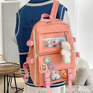 AG AGUU Kawaii Backpack with Pendants and Pins Accessories 4Pcs Sets Rucksack Bag for Women Aesthetic Canvas Daypacks(Pink)