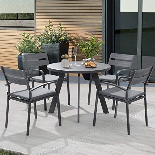 Soleil Jardin 5 Piece Outdoor Dining Set, Aluminum Patio Furniture Dining Set with Round Dining Table w/Umbrella Hole and 4 Stackable Chairs w/Cushions for Yard, Garden, Porch and Pool, Dark Gray