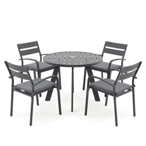 Soleil Jardin 5 Piece Outdoor Dining Set, Aluminum Patio Furniture Dining Set with Round Dining Table w/Umbrella Hole and 4 Stackable Chairs w/Cushions for Yard, Garden, Porch and Pool, Dark Gray