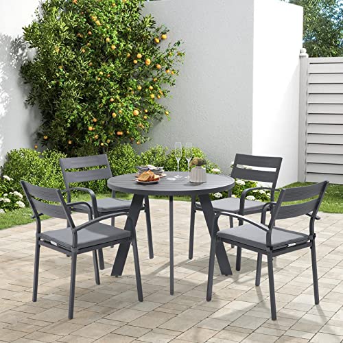 Soleil Jardin 5 Piece Outdoor Dining Set, Aluminum Patio Furniture Dining Set with Round Dining Table w/Umbrella Hole and 4 Stackable Chairs w/Cushions for Yard, Garden, Porch and Pool, Dark Gray