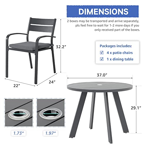 Soleil Jardin 5 Piece Outdoor Dining Set, Aluminum Patio Furniture Dining Set with Round Dining Table w/Umbrella Hole and 4 Stackable Chairs w/Cushions for Yard, Garden, Porch and Pool, Dark Gray