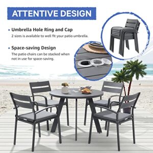 Soleil Jardin 5 Piece Outdoor Dining Set, Aluminum Patio Furniture Dining Set with Round Dining Table w/Umbrella Hole and 4 Stackable Chairs w/Cushions for Yard, Garden, Porch and Pool, Dark Gray