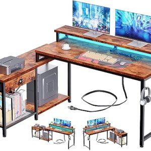 Furologee L Shaped Computer Desk with Drawer, Reversible Corner Desk/83 Long Desk with LED Lights & Power Outlets, Home Office Gaming Table with 2 Shelves and Monitor Stand-(47.2+39.4) in