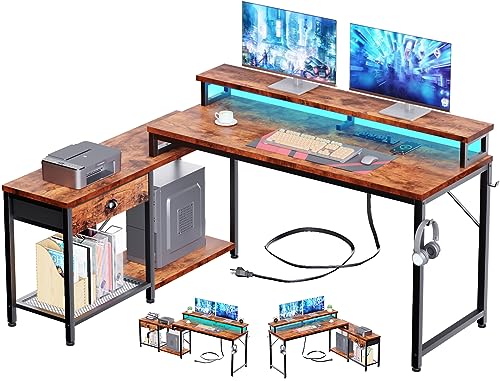 Furologee L Shaped Computer Desk with Drawer, Reversible Corner Desk/83 Long Desk with LED Lights & Power Outlets, Home Office Gaming Table with 2 Shelves and Monitor Stand-(47.2+39.4) in