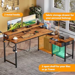 Furologee L Shaped Computer Desk with Drawer, Reversible Corner Desk/83 Long Desk with LED Lights & Power Outlets, Home Office Gaming Table with 2 Shelves and Monitor Stand-(47.2+39.4) in