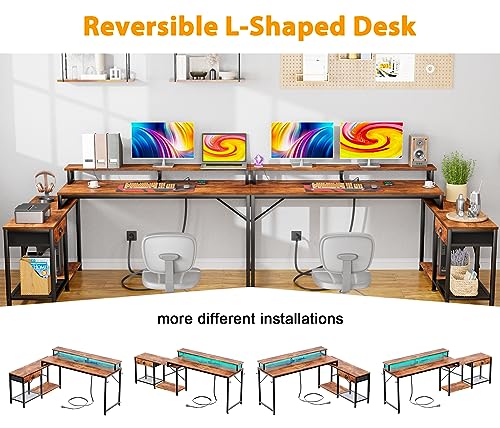 Furologee L Shaped Computer Desk with Drawer, Reversible Corner Desk/83 Long Desk with LED Lights & Power Outlets, Home Office Gaming Table with 2 Shelves and Monitor Stand-(47.2+39.4) in