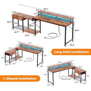 Furologee L Shaped Computer Desk with Drawer, Reversible Corner Desk/83 Long Desk with LED Lights & Power Outlets, Home Office Gaming Table with 2 Shelves and Monitor Stand-(47.2+39.4) in