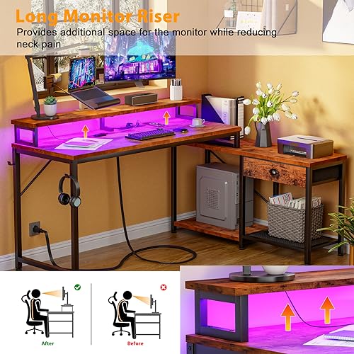 Furologee L Shaped Computer Desk with Drawer, Reversible Corner Desk/83 Long Desk with LED Lights & Power Outlets, Home Office Gaming Table with 2 Shelves and Monitor Stand-(47.2+39.4) in